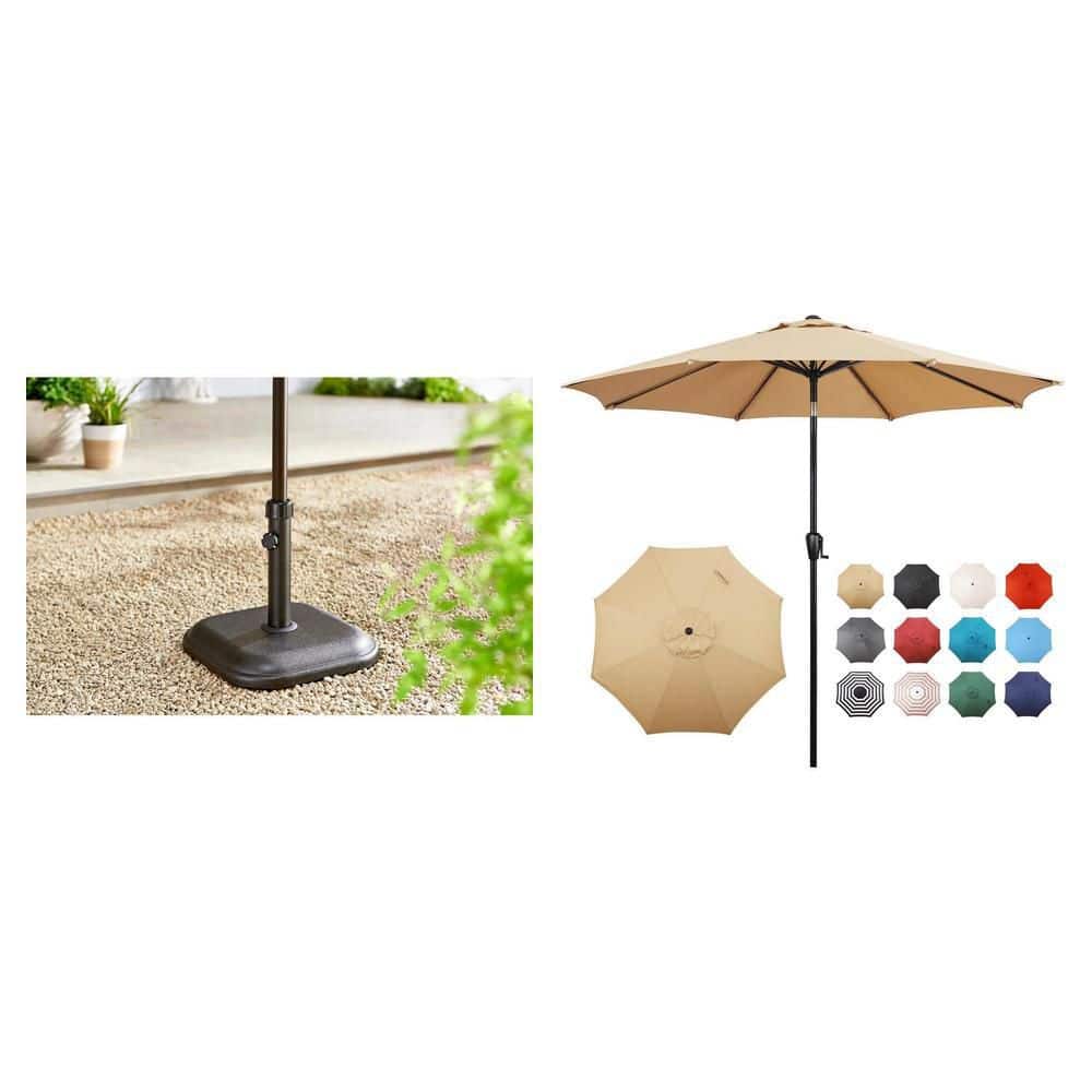 9 ft. Round 8-Rib Taupe Patio Umbrella and 26 lbs. Black Umbrella Base ...