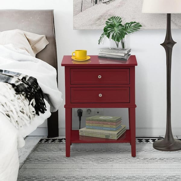 Nightstand 16 in. x 22 in. Burgundy Rectangle Modern End Table Wood Laminate Top with 2 Drawers for Bedroom