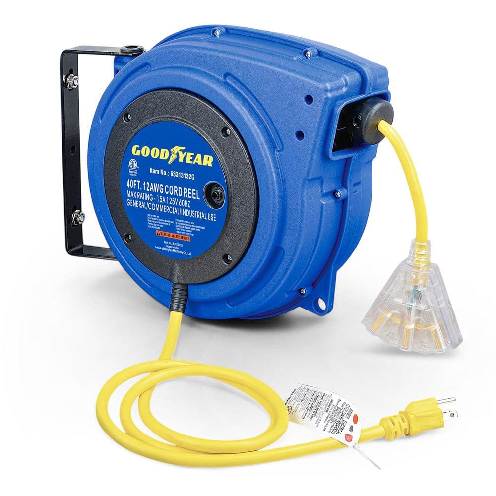Goodyear 40 ft. 12/3 15 Amp Retractable Extension Cord Reel with 3 ...