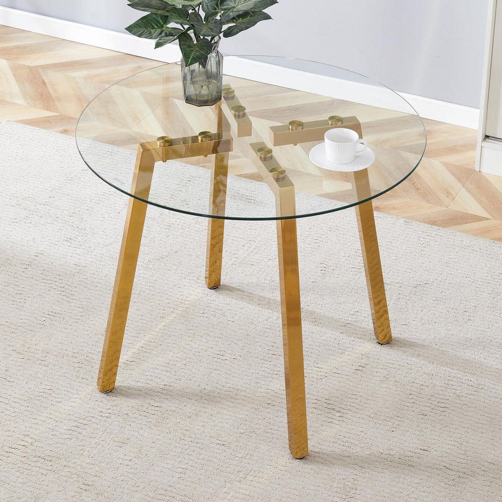 GOGEXX 36 in. Round Tempered Glass with Gold 7-Shaped Metal 4-Legs Dining Table for Kitchen ...