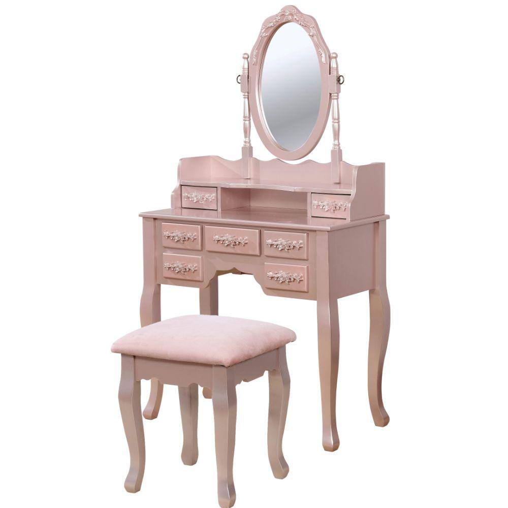 Benjara 7 Drawers Rose Gold Wooden Frame Vanity Set with Stool and ...