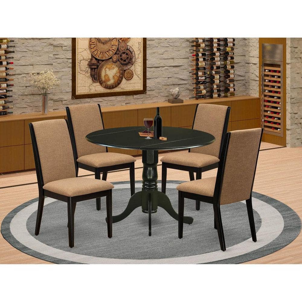 East West Furniture 5-Piece Round Black Finish Solid Wood Top Dining Table with 4 Parson Chair ...