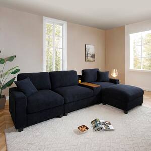Noble House Eile 120.3 in. Linen Rectangle Sectional Sofa in. Beige with 360 Swivel Tray, Cup ...