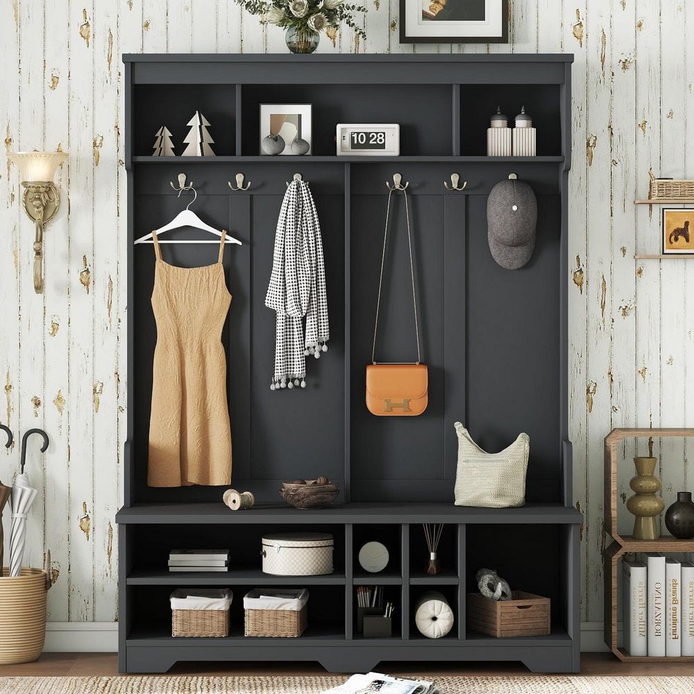 Nestfair Black Storage Hall Tree with Shoe Cubbies and Coat Rack with 6 ...