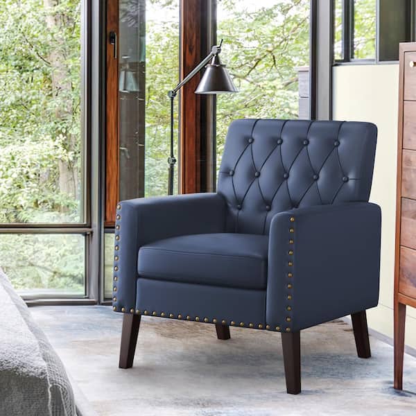 LUE BONA Navy Blue Faux Leather Walnut Legs Mid Century Modern Button Tufted Accent Chair 23SO0001 10HD
