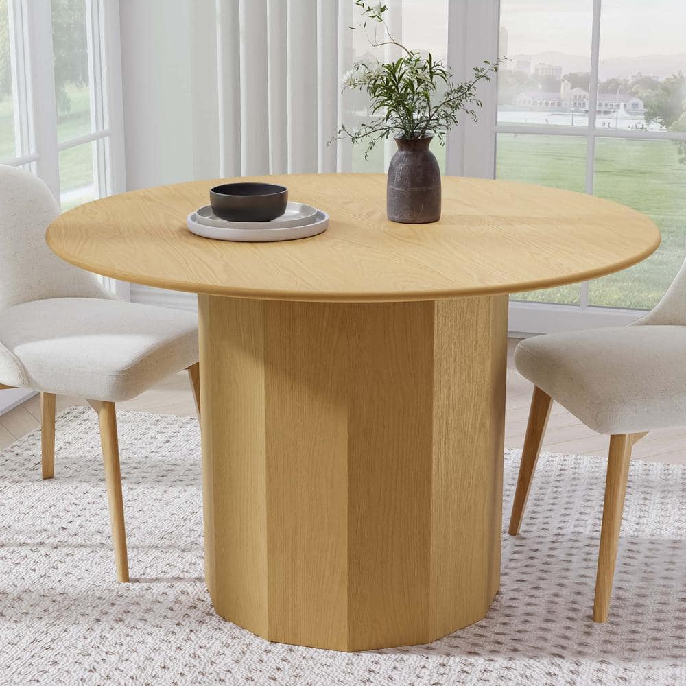 Lirago Round Oak Wood 46 in. Column Base Dining Table Seats 4 HD ...