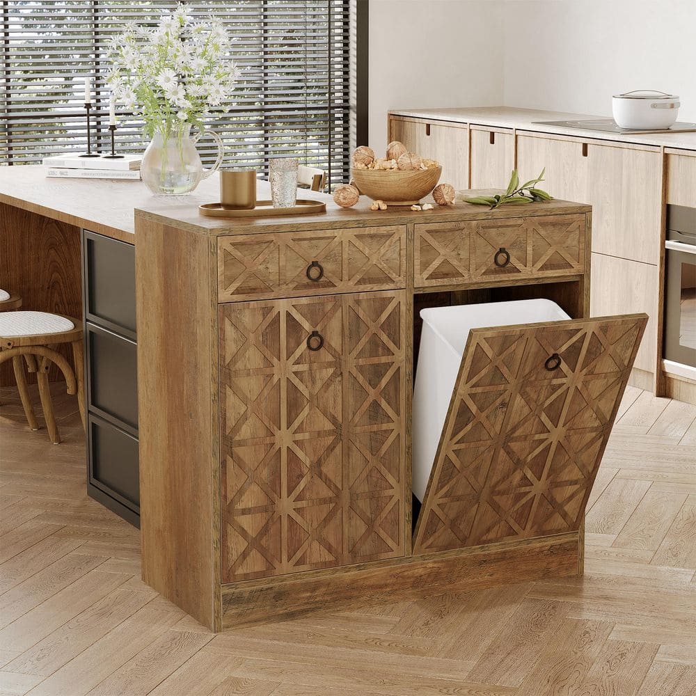 BYBLIGHT Brown Wood 39 in. Sideboards Double Tilt-Out Trash Cabinet, 13 ...