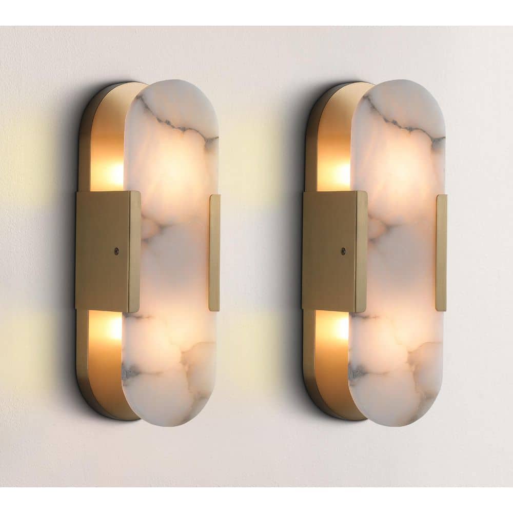 Gleam Flare 14 in. 2-Lights Gold LED Wall Sconce, Natural Alabaster ...