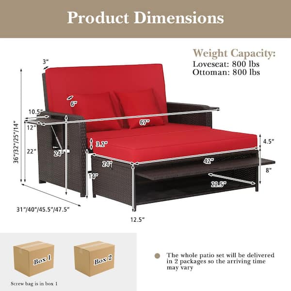 Costway Wicker Outdoor Day Bed with Retractable Top Canopy Side Tables and Red Cushions QD 7064 A4 ARE The Home Depot