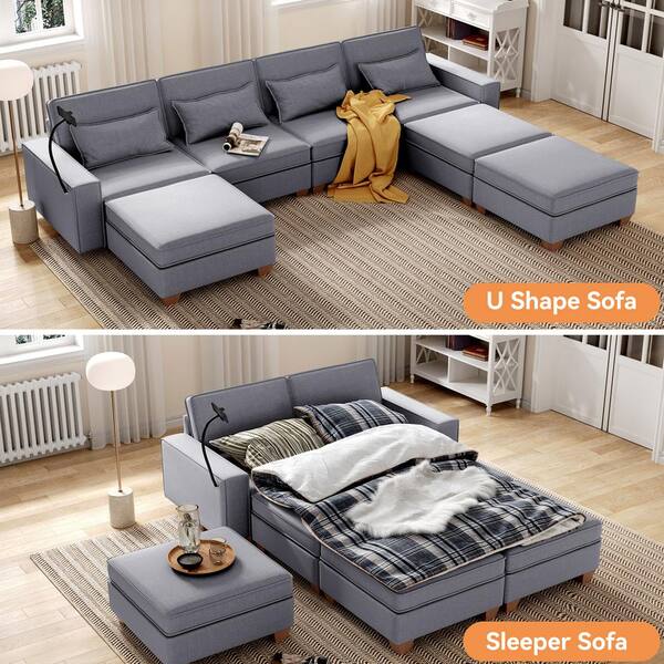 STICKON 115.8 in. W 8-Piece Linen Modular Sofa in Light Grey STICKON 115.8 in. W 8-Piece Linen Modular Sofa in Light Grey