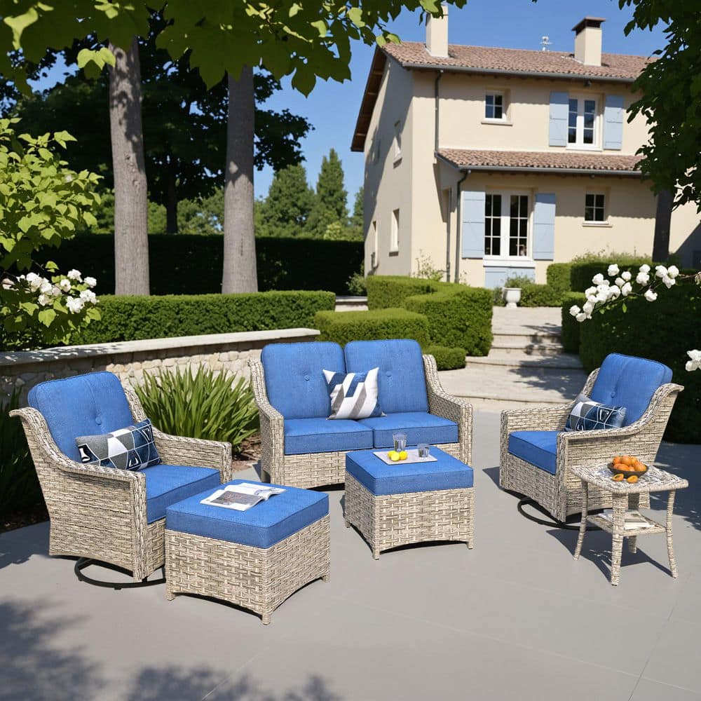 OVIOS Palffy Gray 6-Piece Wicker Patio Conversation Seating Set with ...