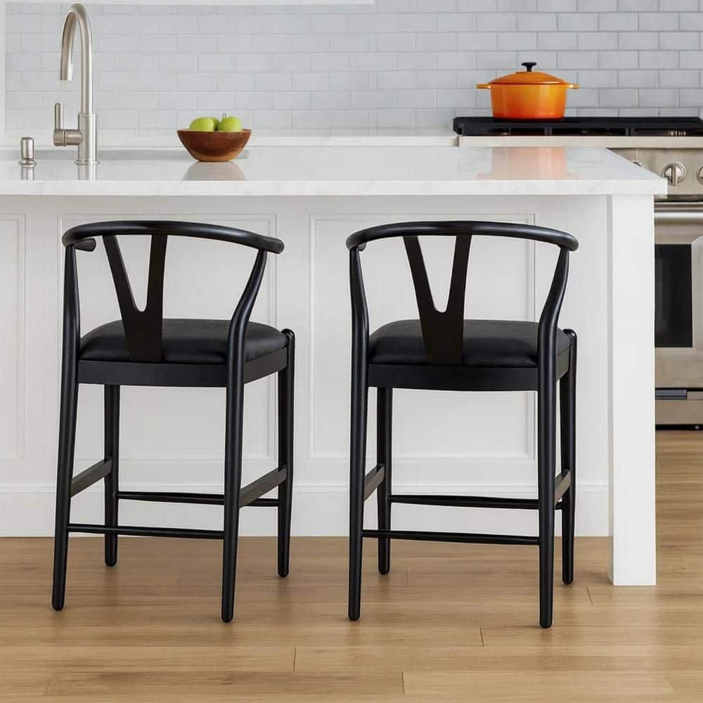 Benjara Cera 36.75 in. Black High Back Rubber Wood Counter Bar Stool ...