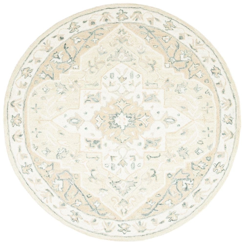 SAFAVIEH Micro-Loop Beige/Ivory 5 ft. x 5 ft. Medallion Border Round ...
