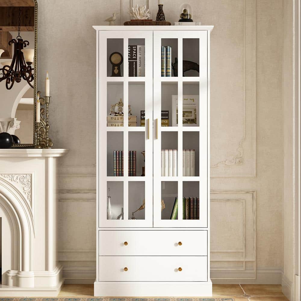 FUFU&GAGA White Wooden Storage Cabinet Cupboard with Tempered Glass ...