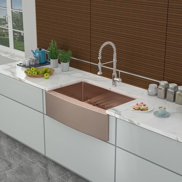 Qidian 30 in. in Farmhouse Apron Front Single Bowl 16 Gauge Rose Gold ...