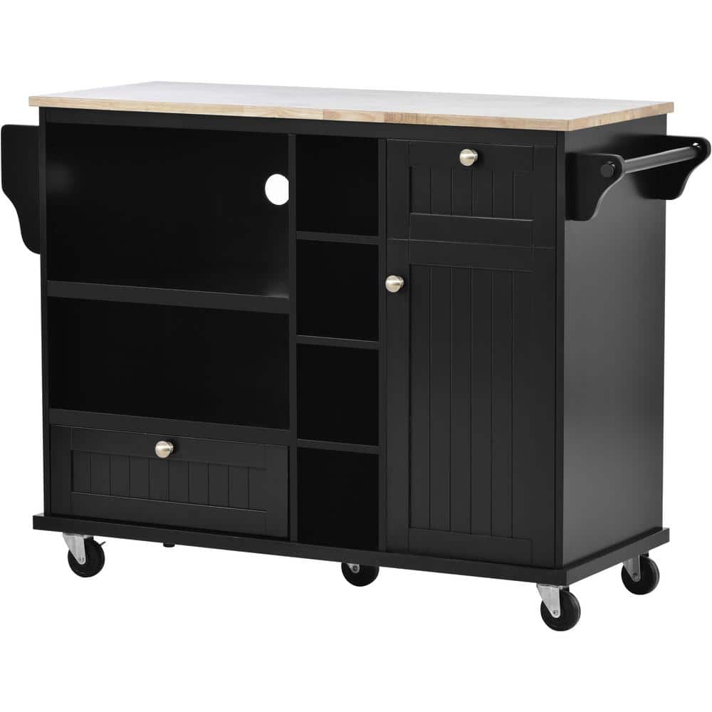 Black Solid Wood Desktop Floor Standing Kitchen Island Cart On 2 ...