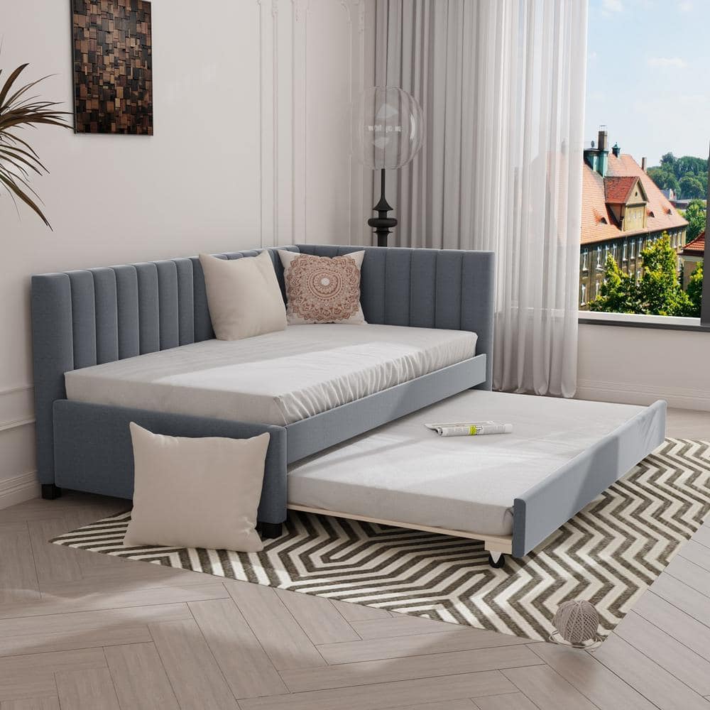 Nestfair Gray Twin Size Upholstered Linen Fabric Daybed with Trundle ...