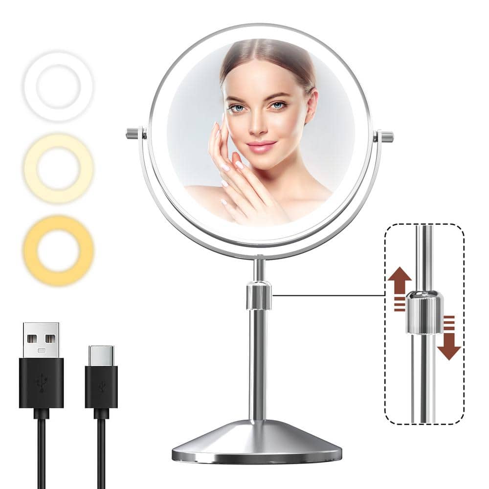 yulika 7 in. W x 16.5 in. H Round Magnifying Tabletop Height Adjustable Mirror with 3 Colors ...