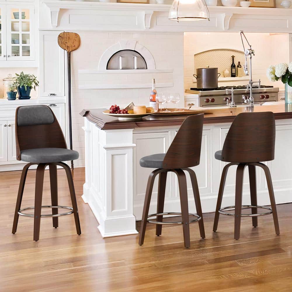 OrangeOne Edward 26 in. Gray Faux Leather Swivel Bar Stool Solid Wood ...