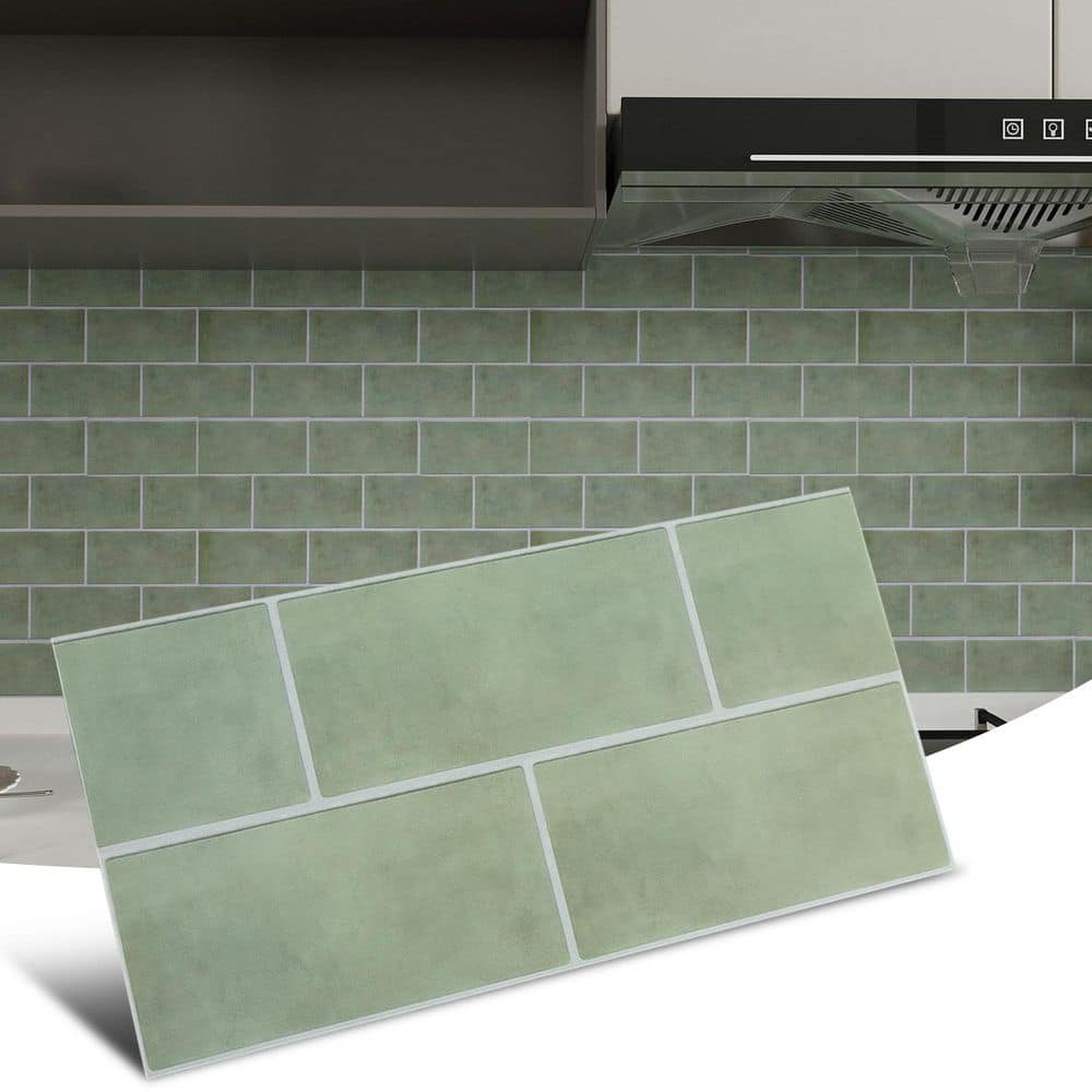 Vsmile Sage Green Brick 11.8 in. x 5.9 in. Wall Sticker, 20-Piece PVC ...