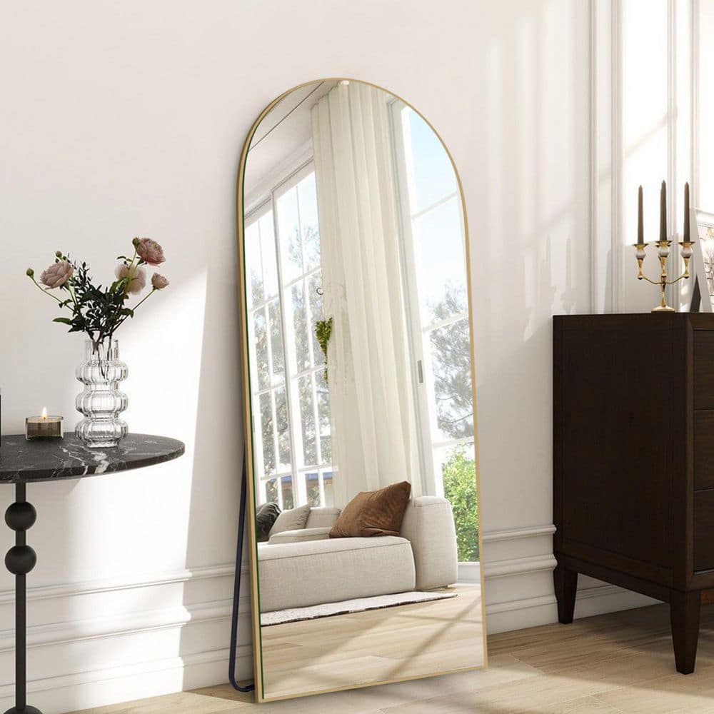 LuxHomez 22 in. W x 65 in. H Modern Arch Wood Full Length Mirror Gold ...