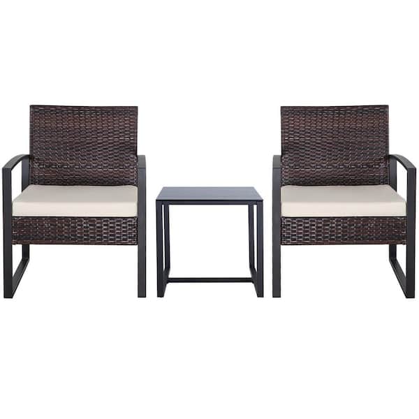 3 Piece Wicker Outdoor Bistro Set with Beige Cushions and Coffee Table ...