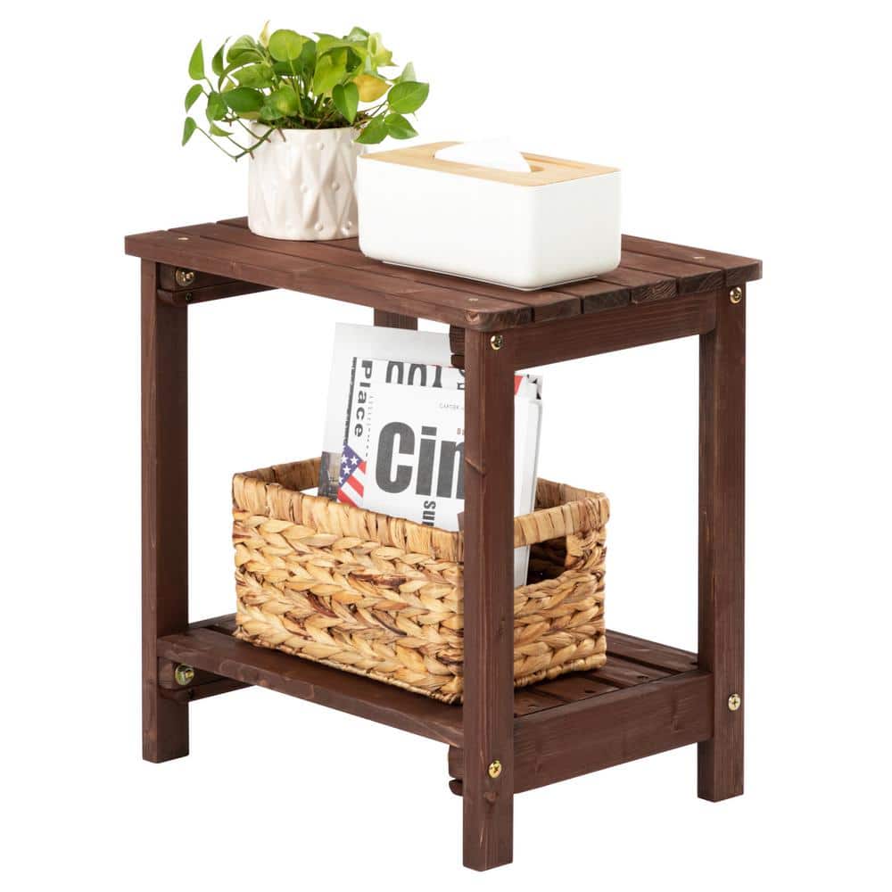 VINGLI 2-Tier Rectangular Wood 19.75 in. H Outdoor Side Table ...