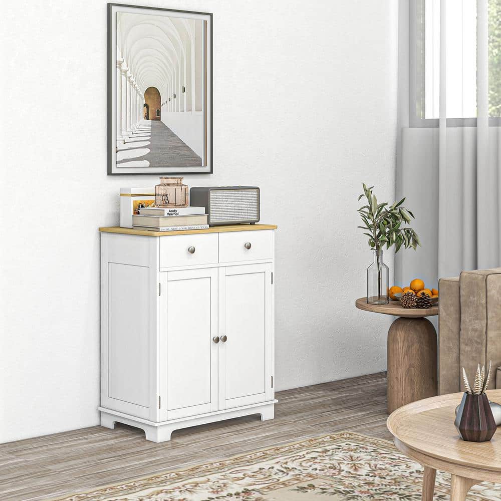 HOMCOM Distressed White Rubberwood Top 26.75 in. Sideboard with ...