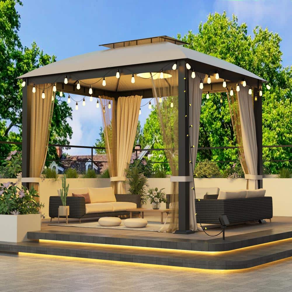 Mondawe 10 ft. x 10 ft. Galvanized Steel Gazebo with Beige Curtains and ...