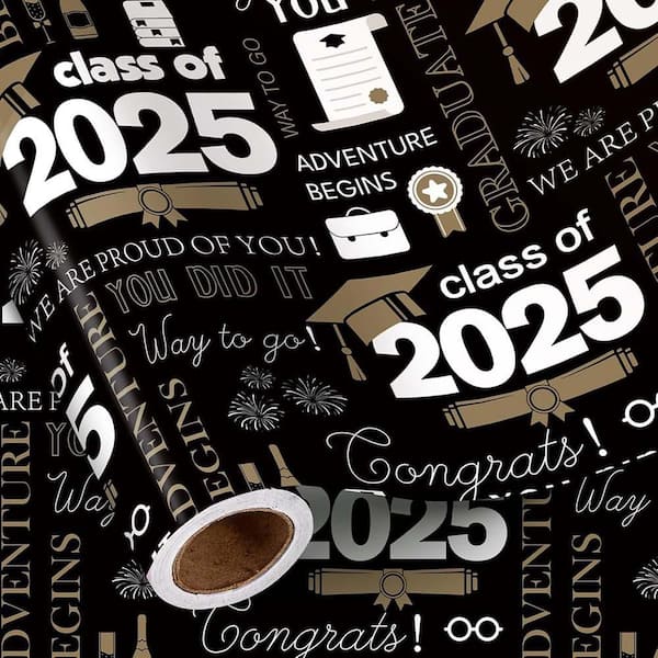 N/A Graduation Gift Wrapping Paper Roll Black Gold Foil Star Stripe ...