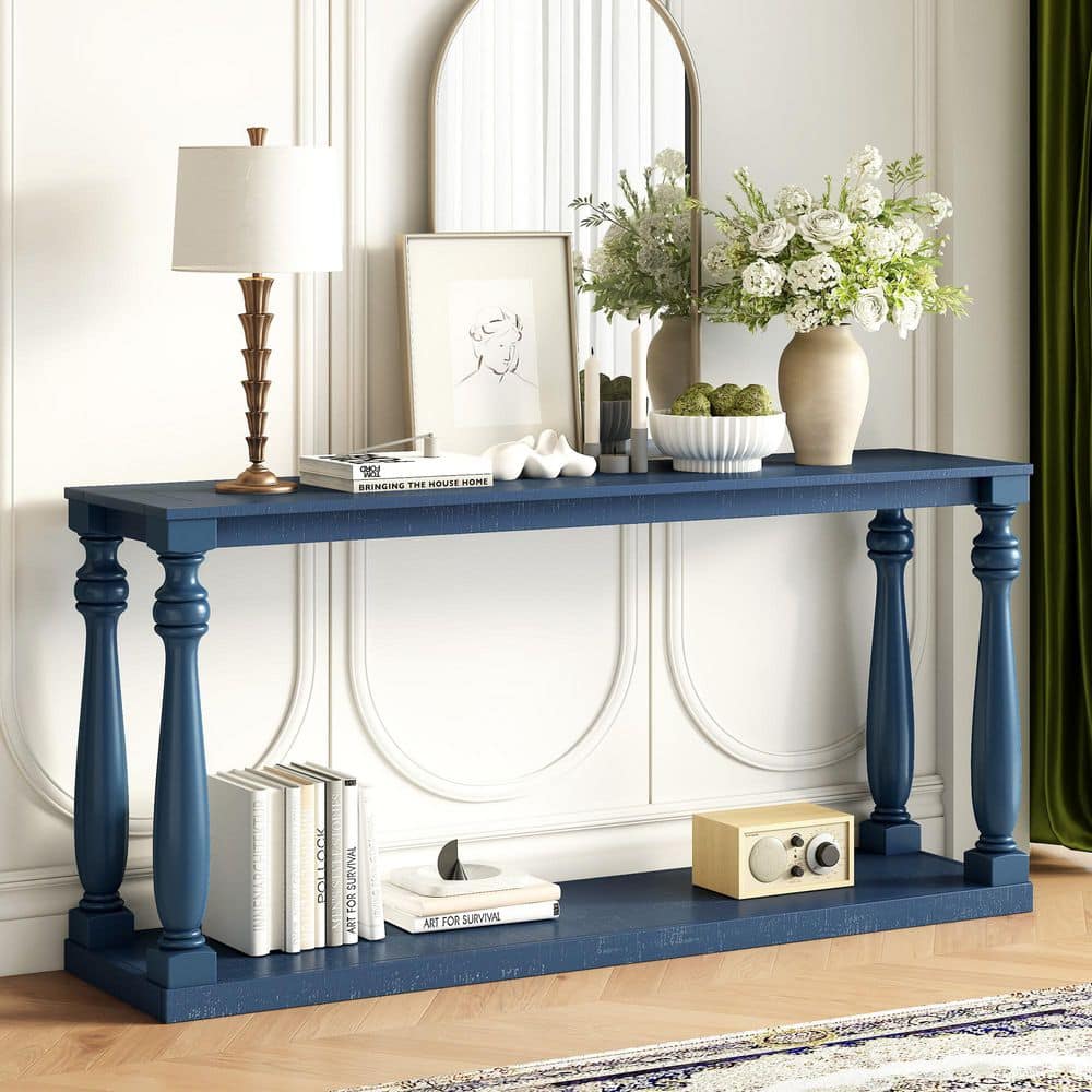 Polibi 63 in. Navy Blue Rectangle Wood Console Table Entryway Table ...
