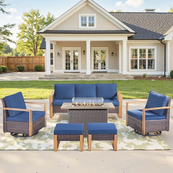 Bellefurn Kove Brown 6-Piece Wicker Patio Conversation Fire Pit Seating ...