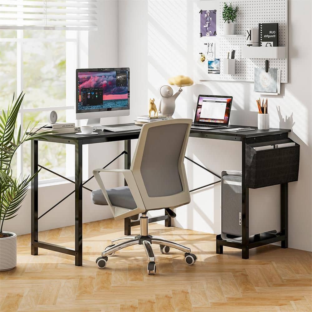 HONEY JOY 49.5 in. L-Shaped Dark Gray and Black Computer Desk ...