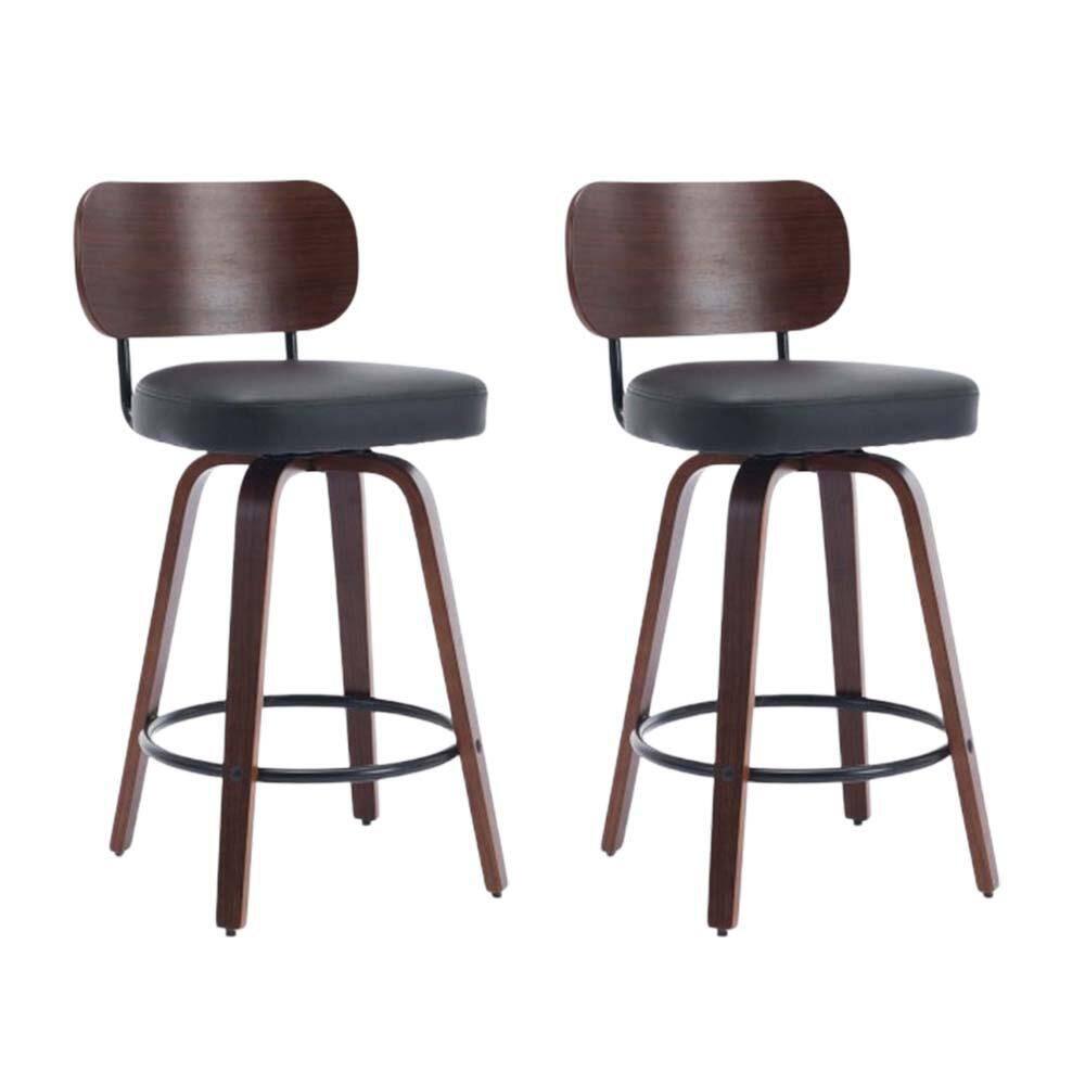 Black Modern Bar Stools Set of 2, Faux Leather Upholstered Swivel Bar ...
