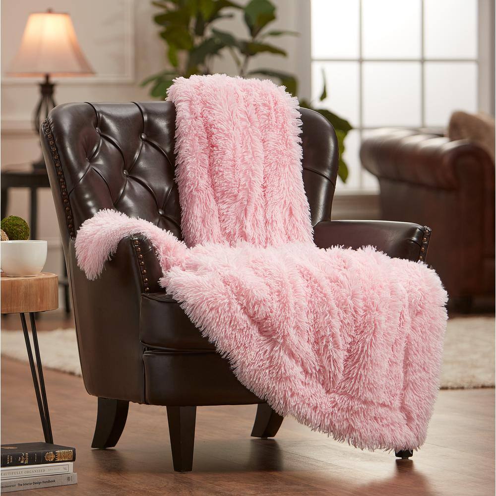CHANASYA Solid Pink Shaggy Faux Long Fur Polyester Throw Blanket-50 in ...