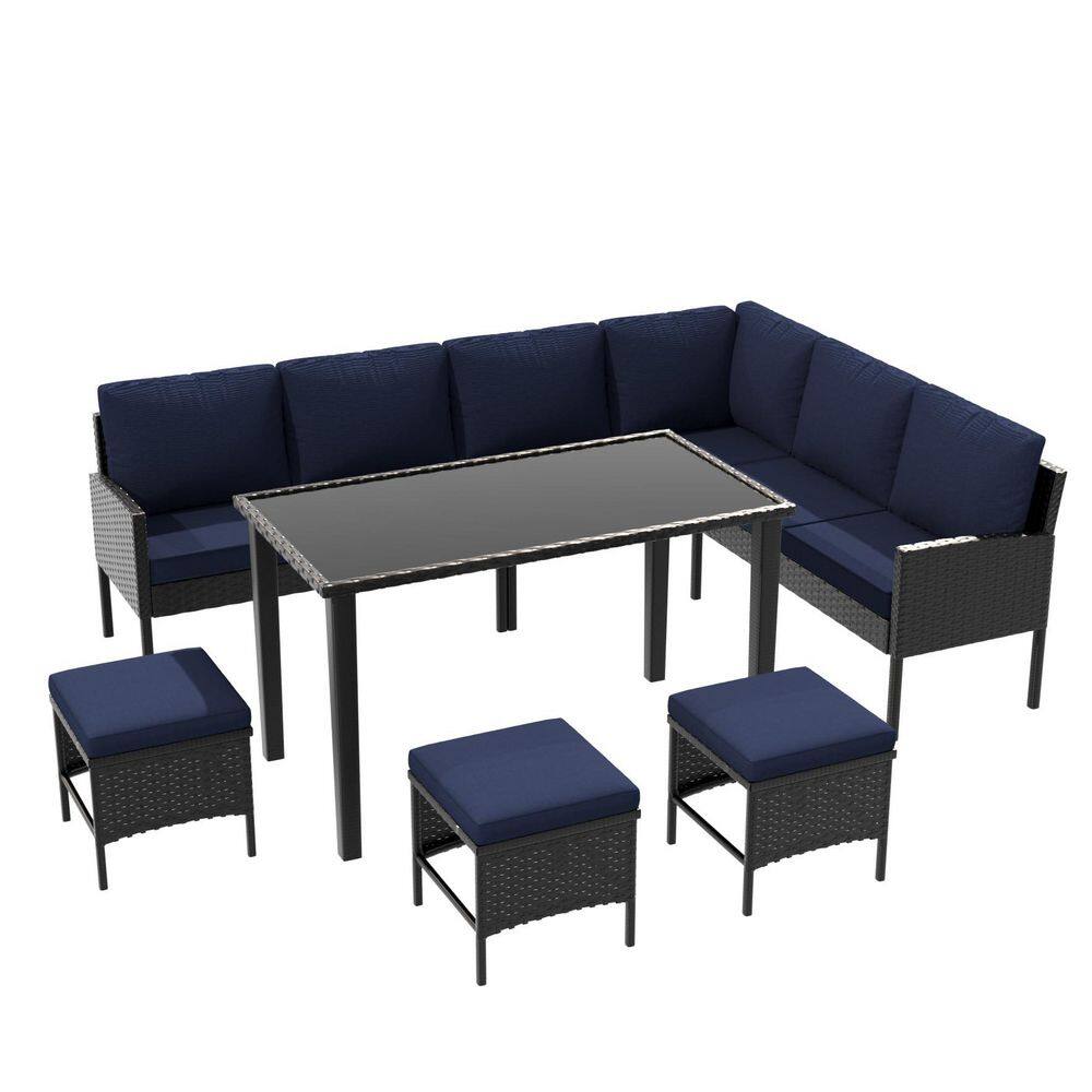 7-Piece Black Wicker Patio Conversation Set with Blue Cushions and ...