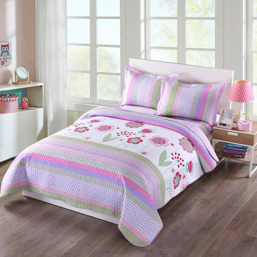 MarCielo A14 Pink Floral Full Size Polyester Quilt Bedspread Set A14_F ...