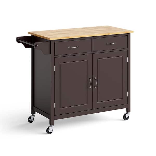 Black Rolling 38 in. Kitchen Island On Wheels Utility Cart with Wood ...