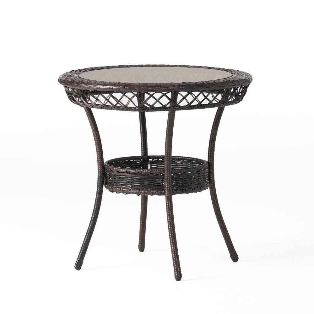 27 in. Metal Dark Brown Round Outdoor Side Table with Glass Top for ...