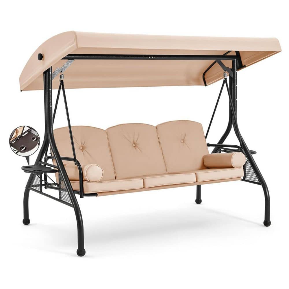 78.8 in. 3-Person Black Porch Swing with Khaki Cushion L0DDXS3LGS - The ...
