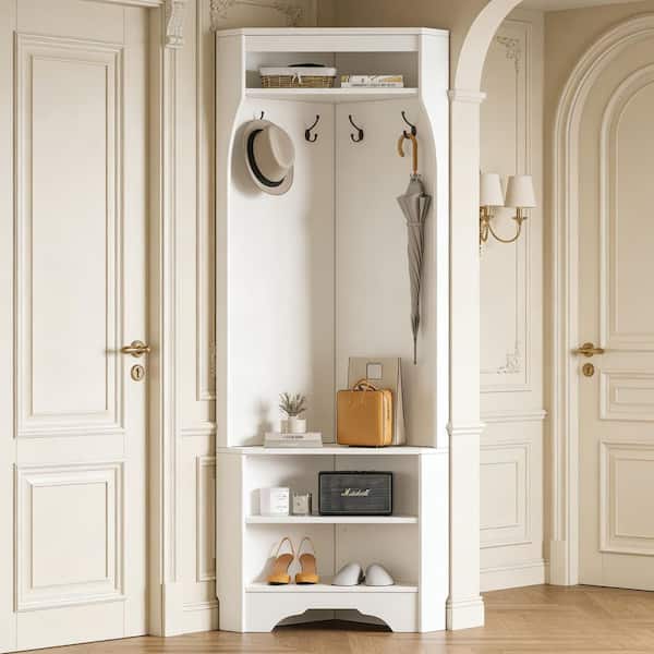 29.50 in. W x 18.20 in. D x 71.6 in. H White Wood Hall Tree with Open ...