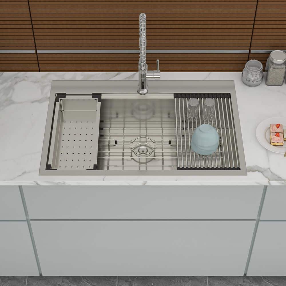 Qidian 33 in. Drop in Single Bowl 18-Gauge Brushed Nickel Workstation ...