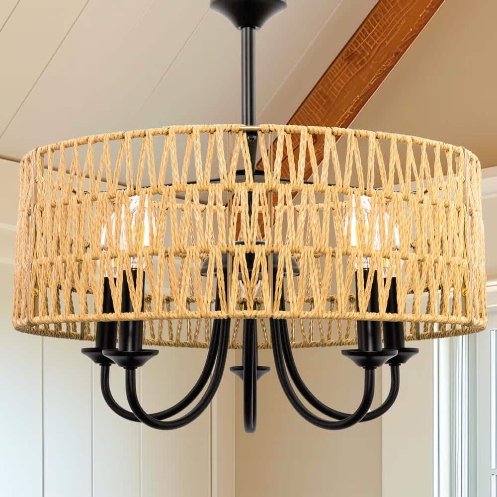 YANSUN 5-Light Modern Farmhouse Brown Round Rattan Pendant Rattan Drum ...