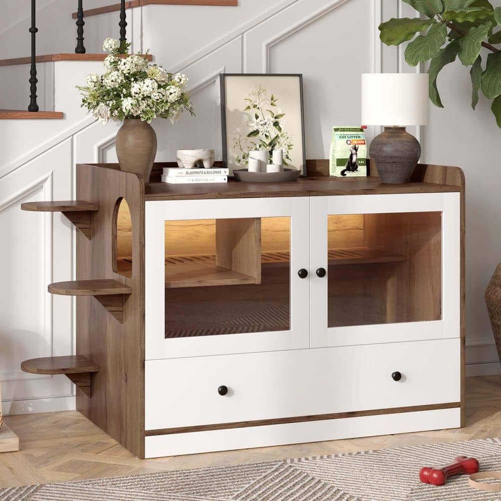 White and Brown Kitchen Pantry Cabinet, Cat Litter Box Enclosure, Cat ...