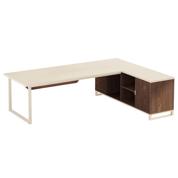 BYBLIGHT Capen 70.8 in. L Shaped Beige & Walnut Wood Executive Desk ...