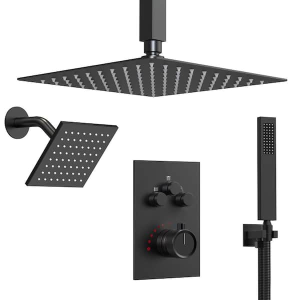 EVERSTEIN Ceiling Mount 7-Spray Multiple Press 12 in. Wall Bar Shower Kit with Anti Scald 2.5 ...
