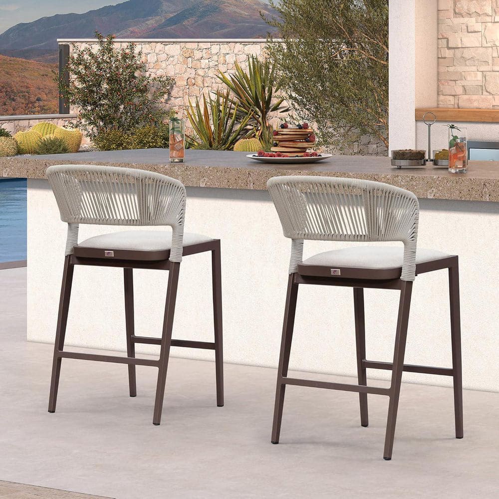 PURPLE LEAF Modern Aluminum Low Back Rattan Bar Height Outdoor Bar Stool with Backrest and Beige ...
