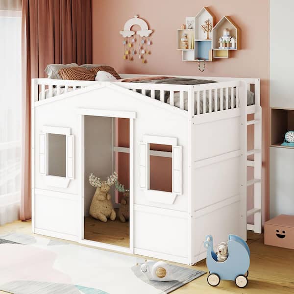 Polibi White Full Size Wood Loft Bed with Ladder RD14-19279AAK - The Home Depot
