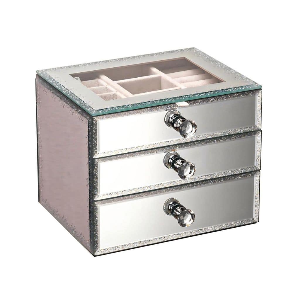 3-Layer Silver Rectangular Glass Jewelry Box with Mirror and 2 Drawers ...