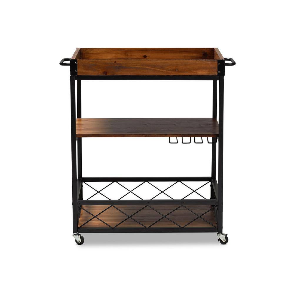26 in.Oak Brown Fir Wood Kitchen Cart with Glass Rack Mobile Metal Wine ...